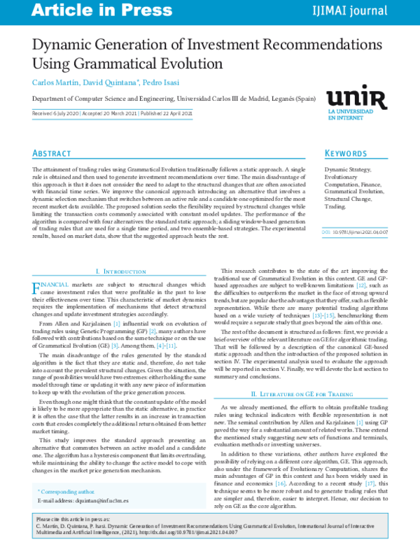 (PDF) Dynamic Generation of Investment Recommendations Using Grammatical Evolution