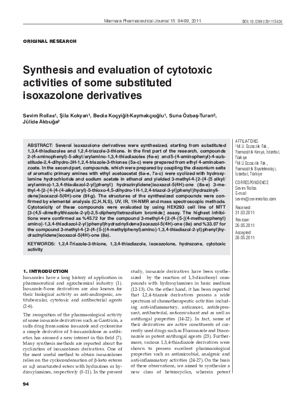 (PDF) Synthesis and evaluation of cytotoxic activities of some substituted isoxazolone derivatives