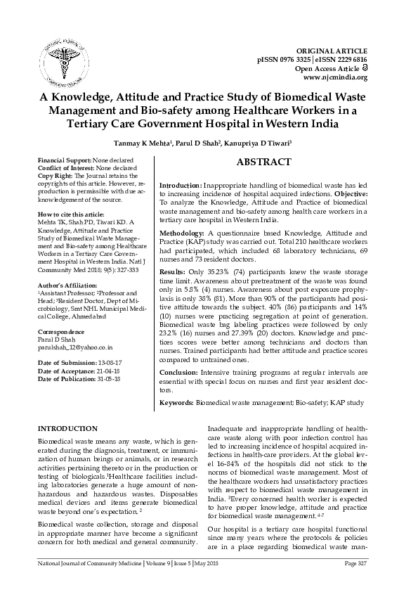 (PDF) A Knowledge, Attitude and Practice Study of Biomedical Waste Management and Bio-safety ...