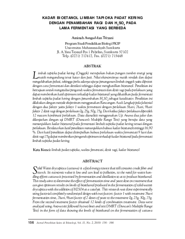 (PDF) Kadar Bioetanol Limbah Tapioka Padat Kering Dengan Penambahan ...