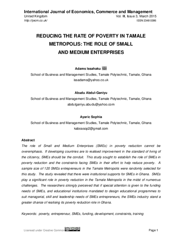 (PDF) Reducing the Rate of Poverty in Tamale Metropolis: The Role of ...