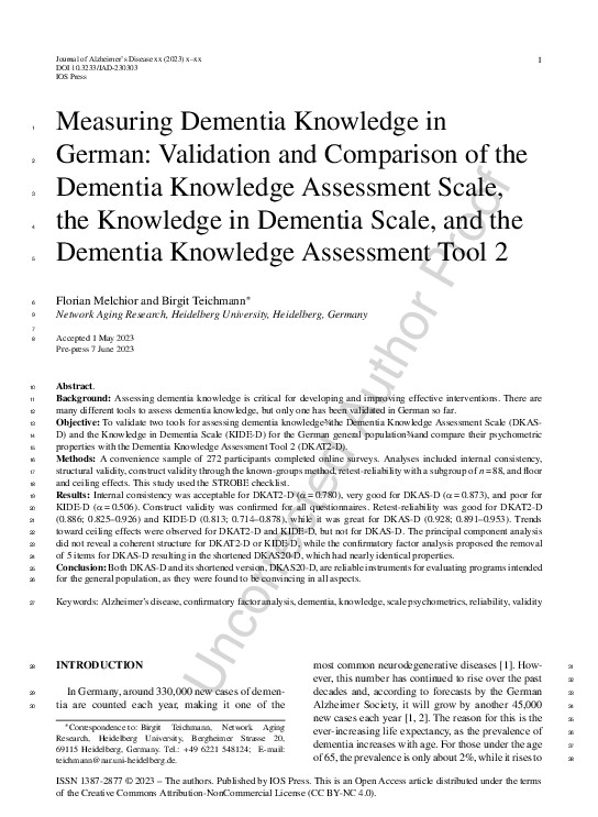 (PDF) Measuring Dementia Knowledge in German: Validation and Comparison ...