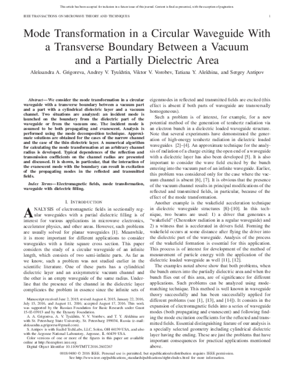 (PDF) Mode Transformation in a Circular Waveguide With a Transverse Boundary Between a Vacuum ...