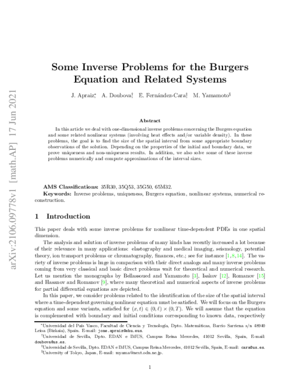 (PDF) Some inverse problems for the Burgers equation and related systems