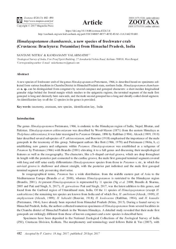 (PDF) Himalayapotamon chambaensis, a new species of freshwater crab ...