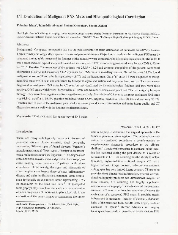 (PDF) CT evaluation of malignant PNS mass and histopathological ...