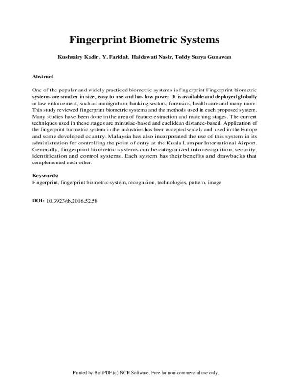 (PDF) Fingerprint Biometric Systems