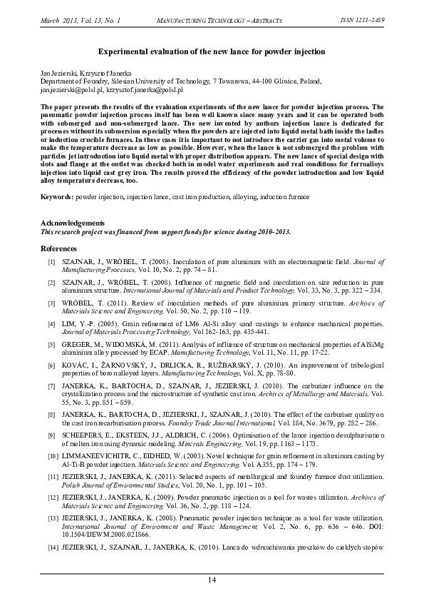 (PDF) Experimental evaluation of the new lance for powder injection