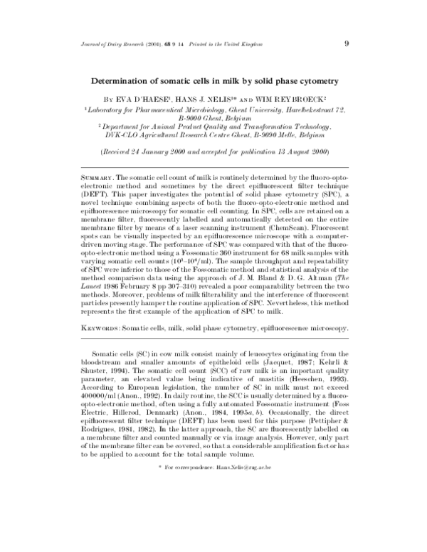 (PDF) Determination of somatic cells in milk by solid phase cytometry