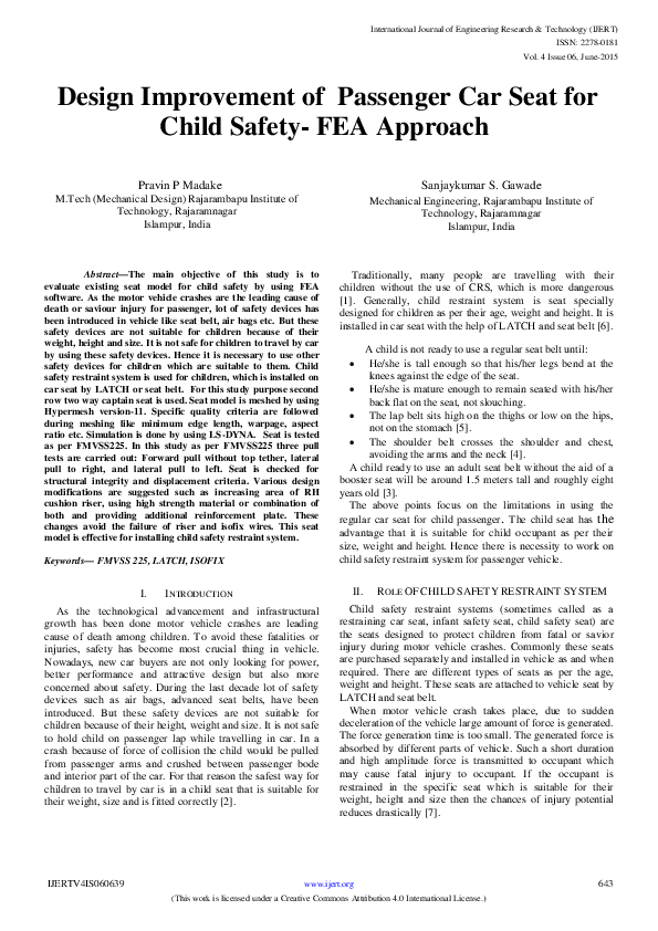 (PDF) Design Improvement of Passenger Car Seat for Child Safety- FEA ...