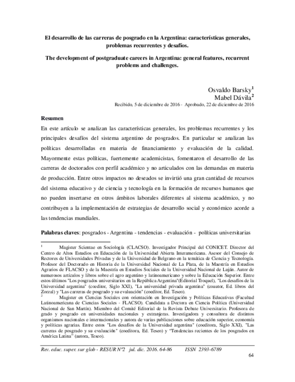 (PDF) El desarrollo de las carreras de posgrado en la Argentina ...