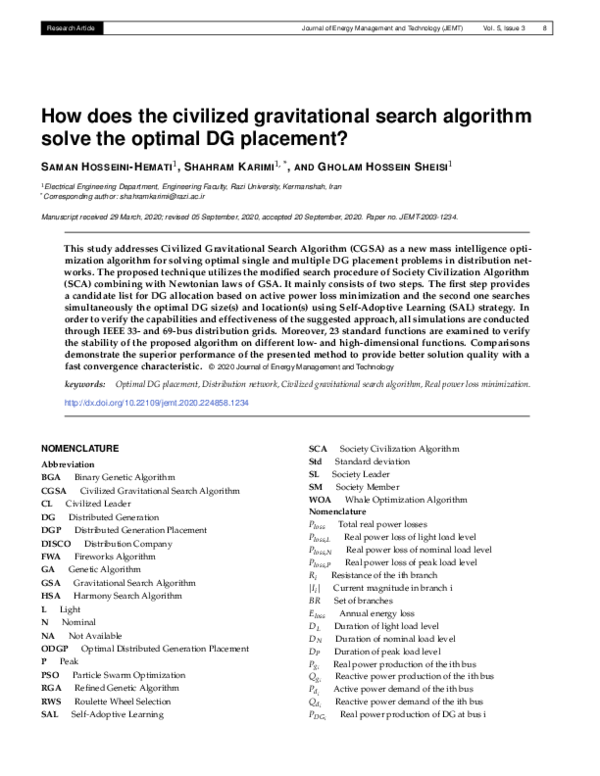 (PDF) How does the civilized gravitational search algorithm solve the optimal DG placement