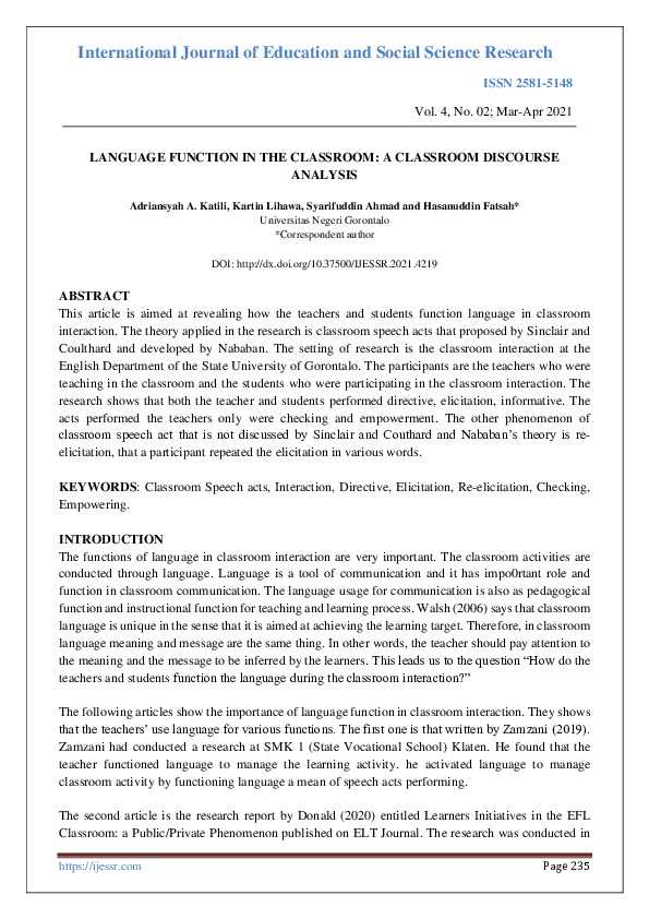 (PDF) Language Function in the Classroom: A Classroom Discourse Analysis