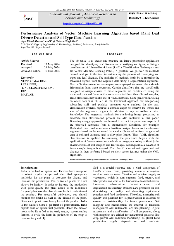 (PDF) Performance Analysis of Vector Machine Learning Algorithm based Plant Leaf Disease ...