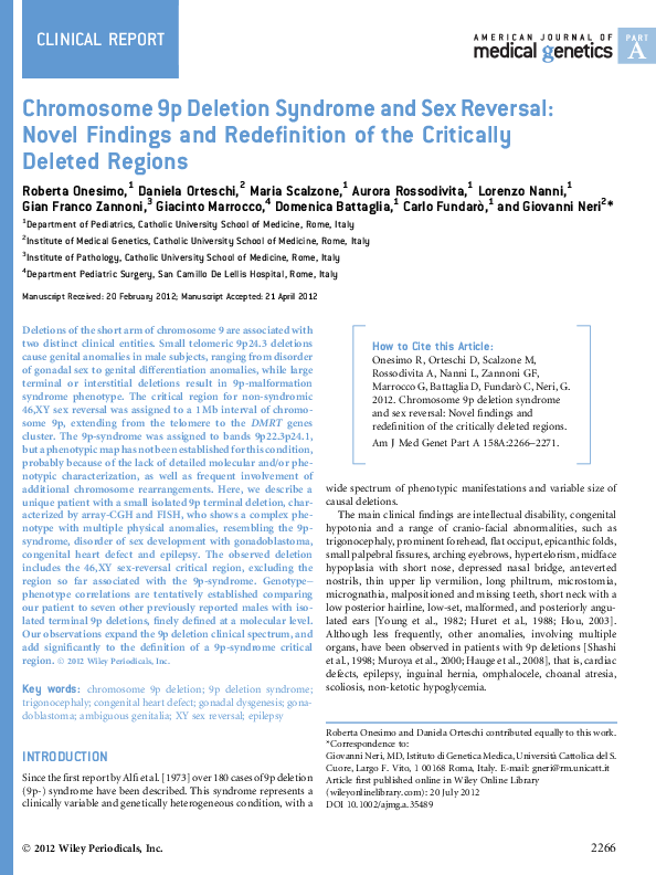(PDF) Chromosome 9p deletion syndrome and sex reversal: Novel findings ...