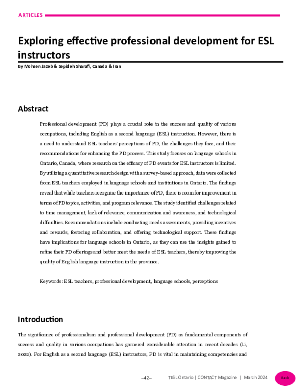 (PDF) Exploring effective professional development for ESL instructors
