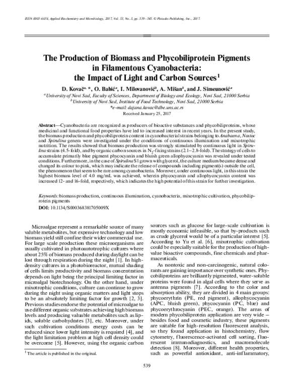 (PDF) The production of biomass and phycobiliprotein pigments in filamentous cyanobacteria: the ...