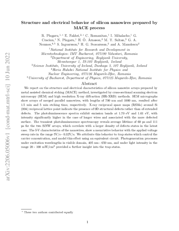 (PDF) Structure and electrical behavior of silicon nanowires prepared by MACE process