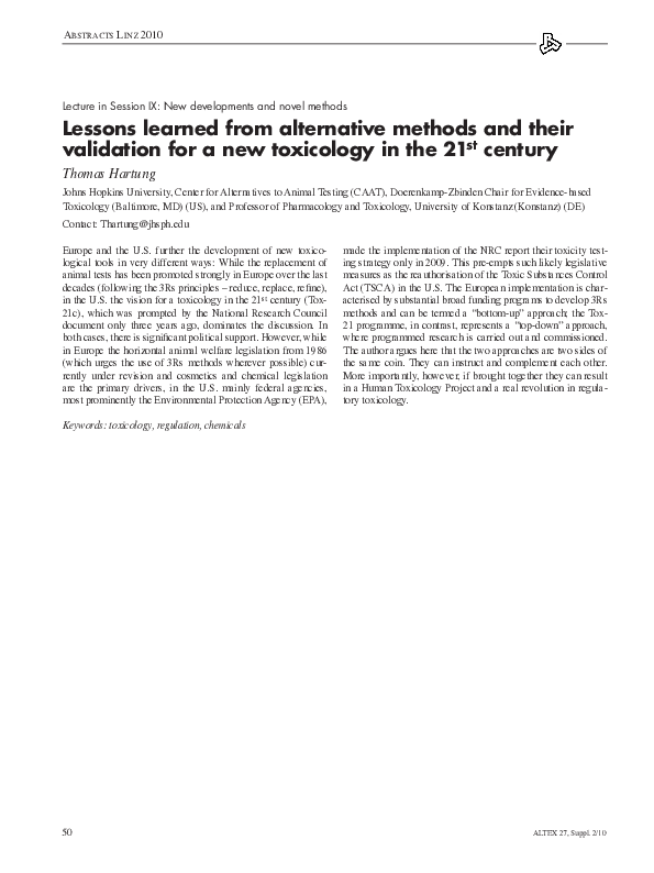 (PDF) Lessons Learned from Alternative Methods and their Validation for a New Toxicology in the ...