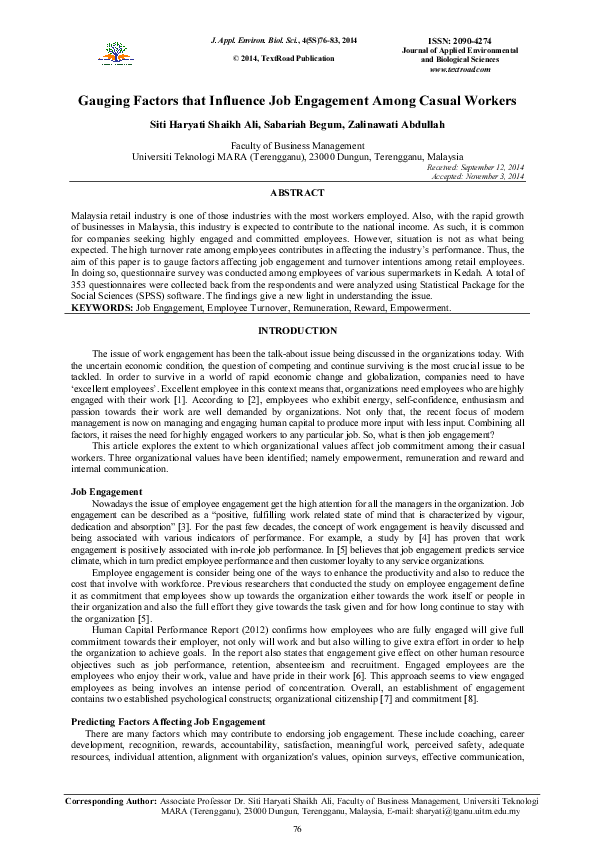 (PDF) Gauging Factors that Influence Job Engagement Among Casual ...