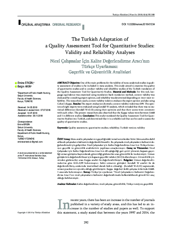 (PDF) The Turkish Adaptation of a Quality Assessment Tool for Quantitative Studies: Validity and ...