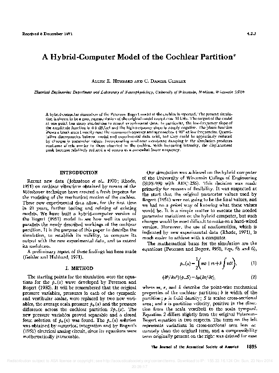 (PDF) A Hybrid‐Computer Model of the Cochlear Partition