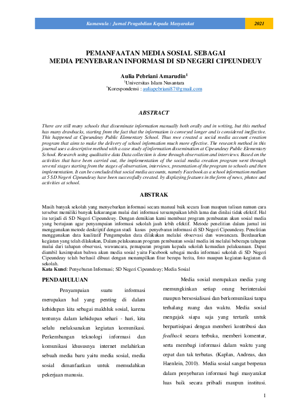 (PDF) PEMANFAATAN MEDIA SOSIAL SEBAGAI MEDIA PENYEBARAN INFORMASI DI SD NEGERI CIPEUNDEUY