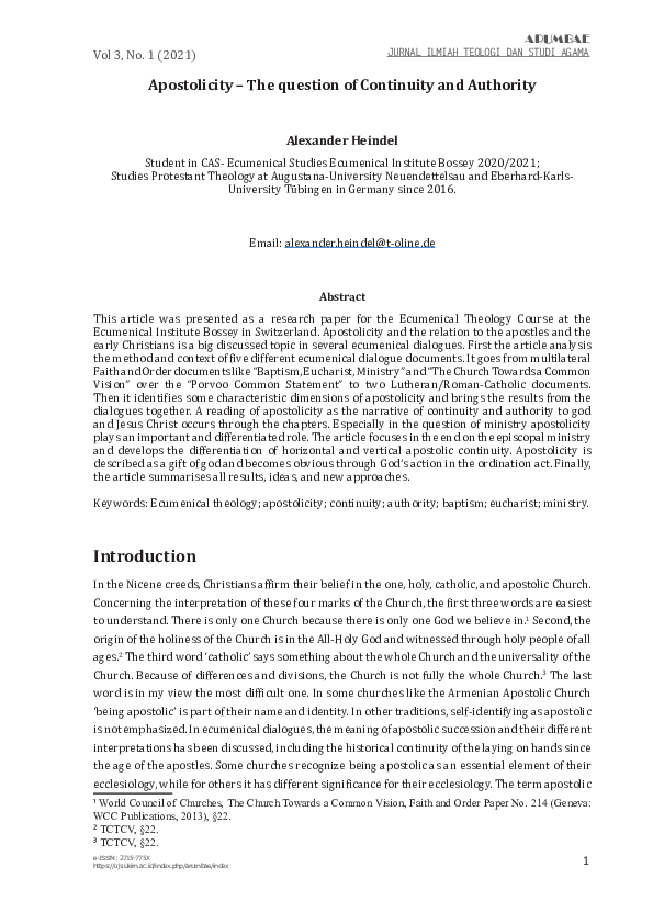 (PDF) Apostolicity – The question of Continuity and Authority
