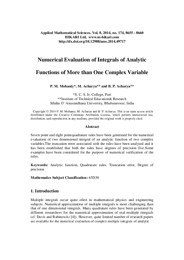 Pdf Numerical Evaluation Of Integrals Of Analytic Functions Of More Than One Complex Variable