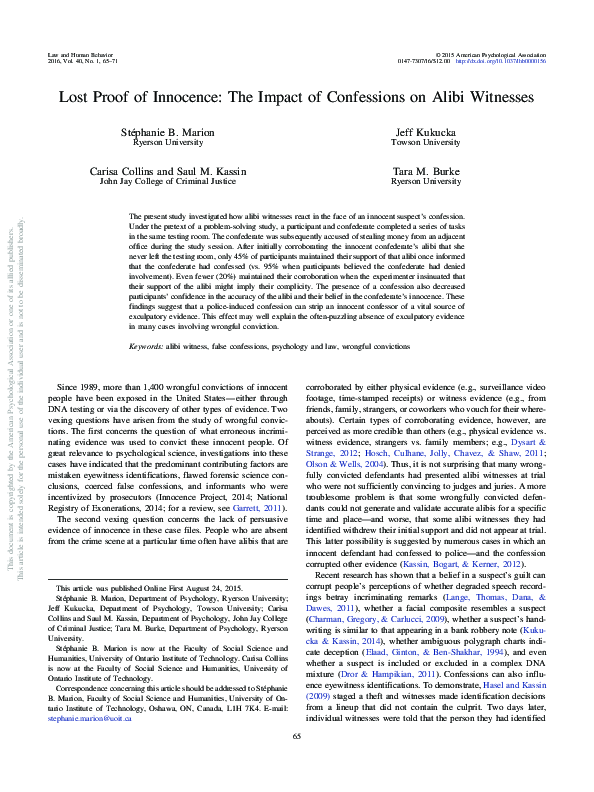 (PDF) Lost proof of innocence: The impact of confessions on alibi witnesses