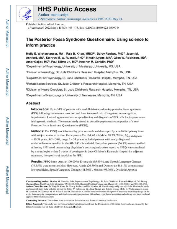 (PDF) The posterior fossa syndrome questionnaire: using science to ...
