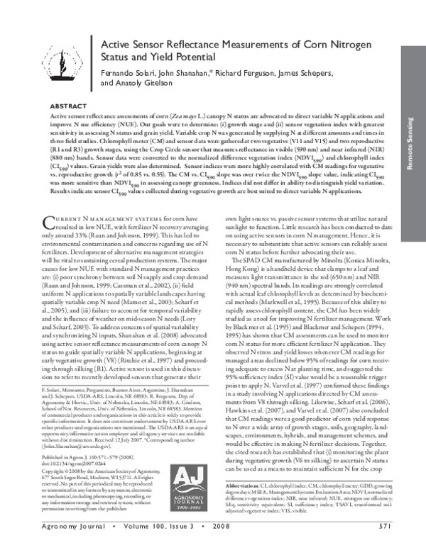 (PDF) Active Sensor Reflectance Measurements of Corn Nitrogen Status ...