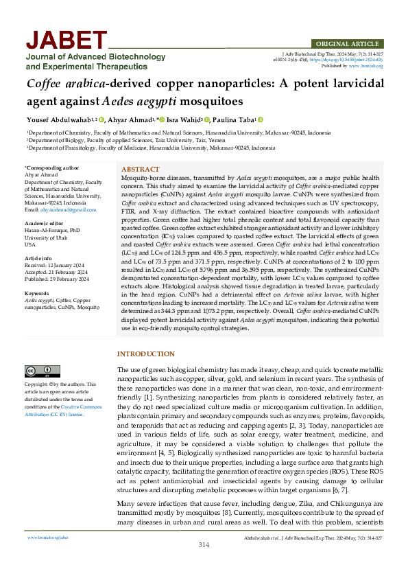 (PDF) Coffee arabica-derived copper nanoparticles: A potent larvicidal ...