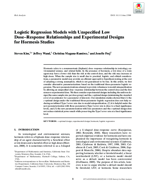 (PDF) Logistic Regression Models with Unspecified Low Dose–Response Relationships and ...