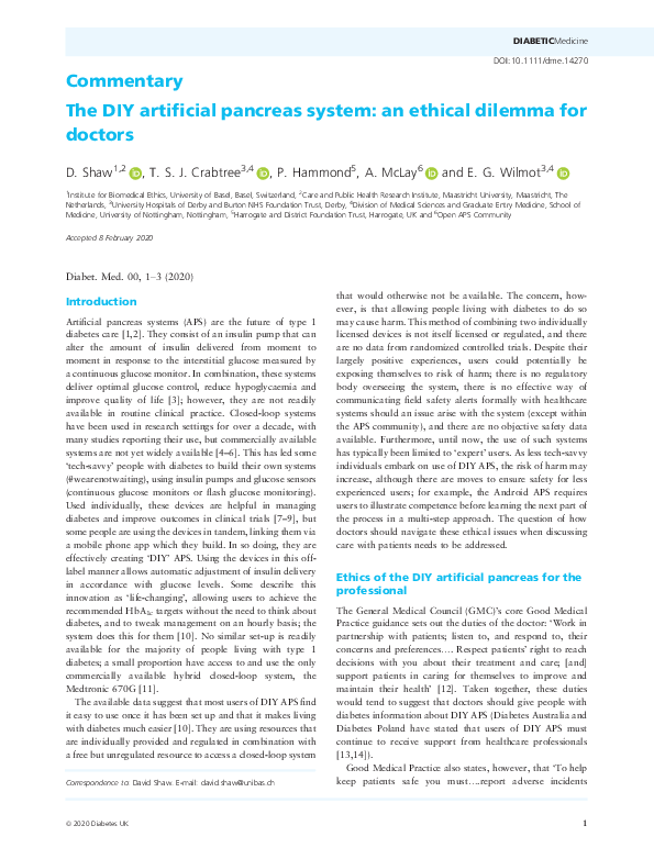 (PDF) The DIY artificial pancreas system: an ethical dilemma for doctors