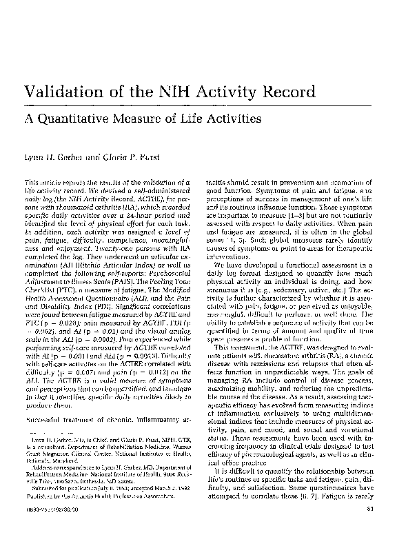 (PDF) Validation of the NIH activity record. A quantitative measure of ...
