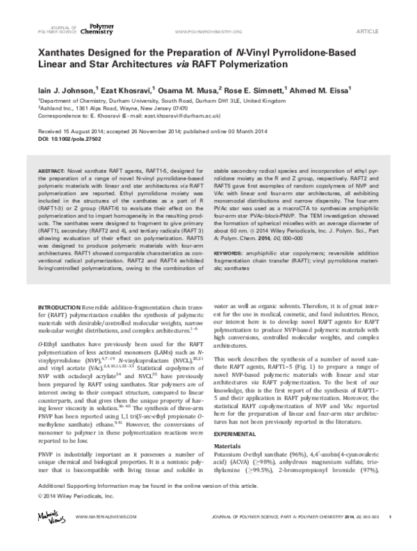 (PDF) Xanthates designed for the preparation of N‐Vinyl pyrrolidone ...