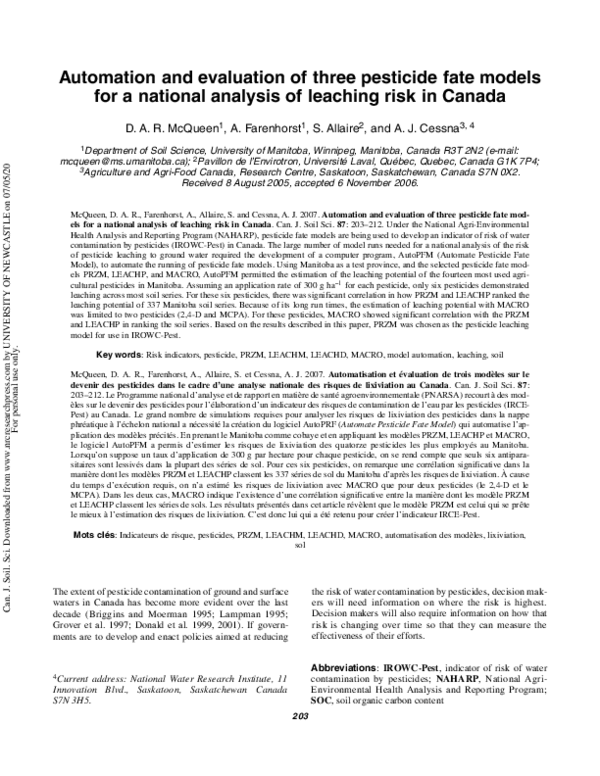 (PDF) Automation and evaluation of three pesticide fate models for a ...