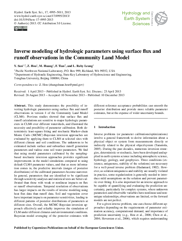 (PDF) Inverse Modeling of Hydrologic Parameters Using Surface Flux and Streamflow Observations ...