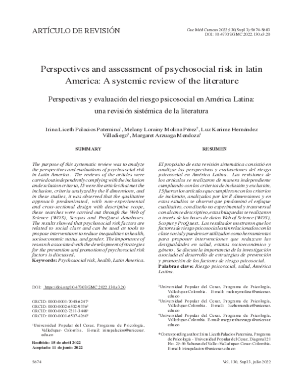 (PDF) Perspectives and assessment of psychosocial risk in latin America ...