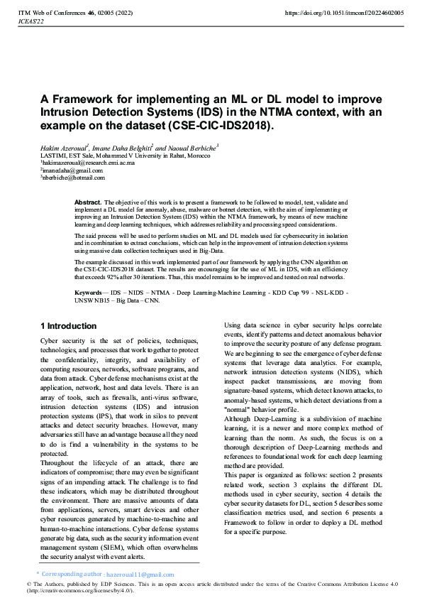 (PDF) A Framework for implementing an ML or DL model to improve Intrusion Detection Systems (IDS ...