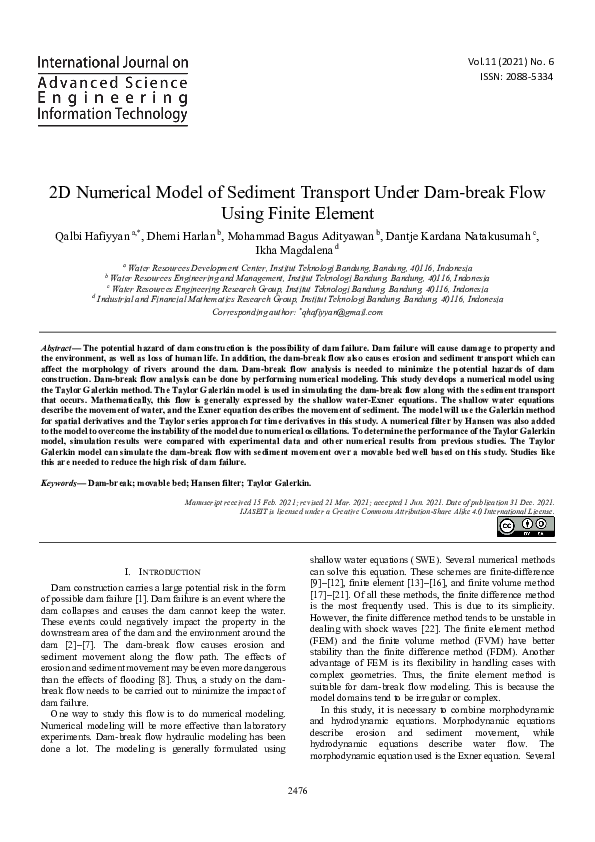 (PDF) 2D Numerical Model of Sediment Transport Under Dam-break Flow Using Finite Element