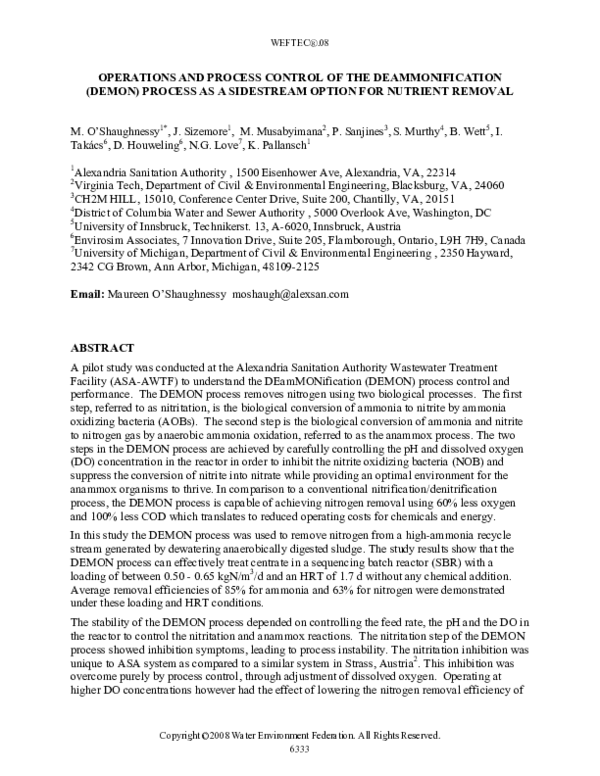 (PDF) Operations and Process Control of the Deammonification (Demon ...