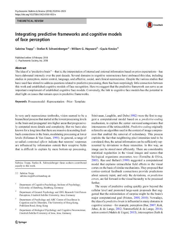 (PDF) Integrating predictive frameworks and cognitive models of face perception