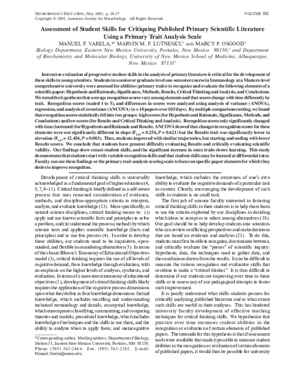 (PDF) Assessment of Student Skills for Critiquing Published Primary ...