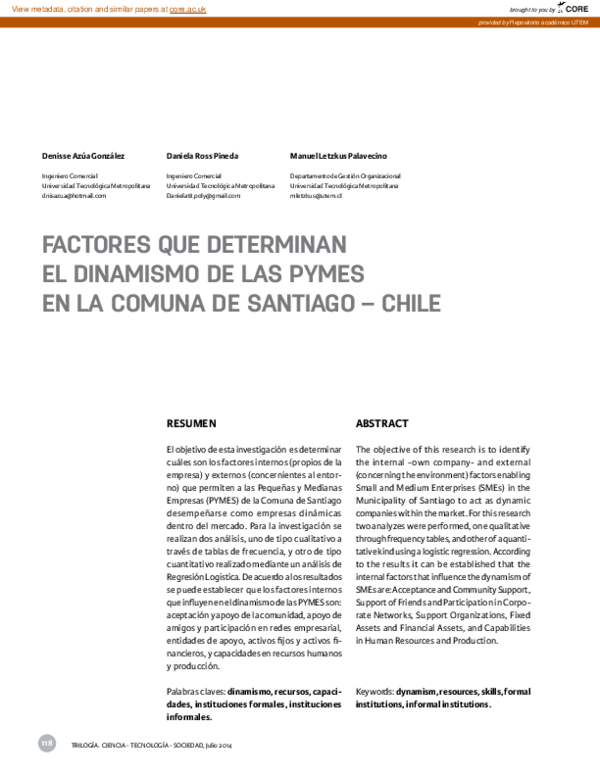 (PDF) Factores que determinan el dinamismo de las pymes en la comuna de Santiago – Chile