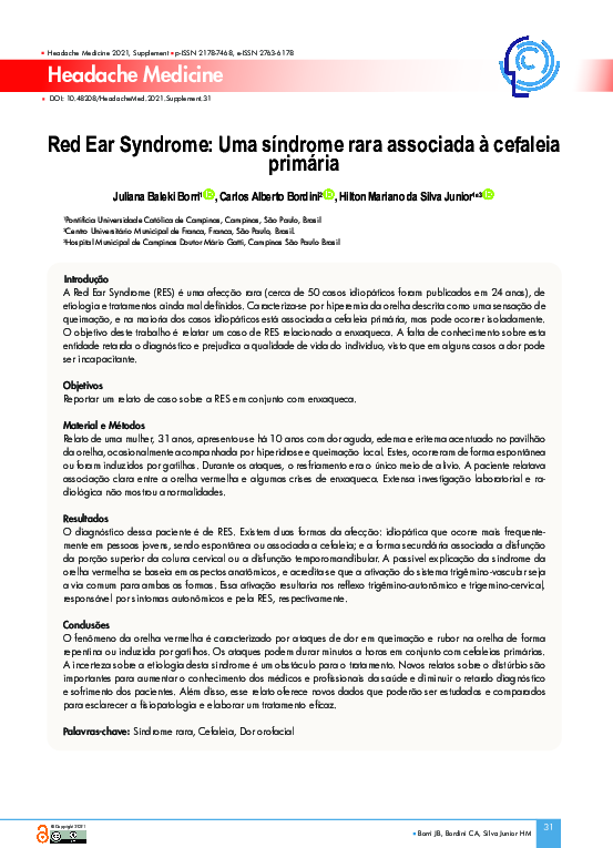 (PDF) Red Ear Syndrome: Uma síndrome rara associada à cefaleia primária