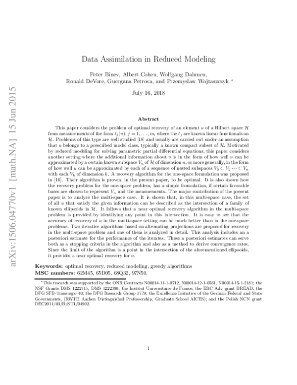 (PDF) Data Assimilation in Reduced Modeling