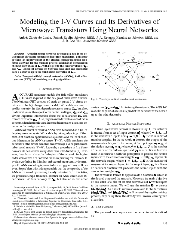 (PDF) Modeling the I-V Curves and Its Derivatives of Microwave Transistors Using Neural Networks
