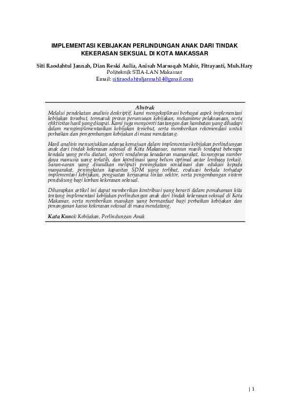 (PDF) IMPLEMENTASI KEBIJAKAN PERLINDUNGAN ANAK DARI TINDAK KEKERASAN SEKSUAL DI KOTA MAKASSAR